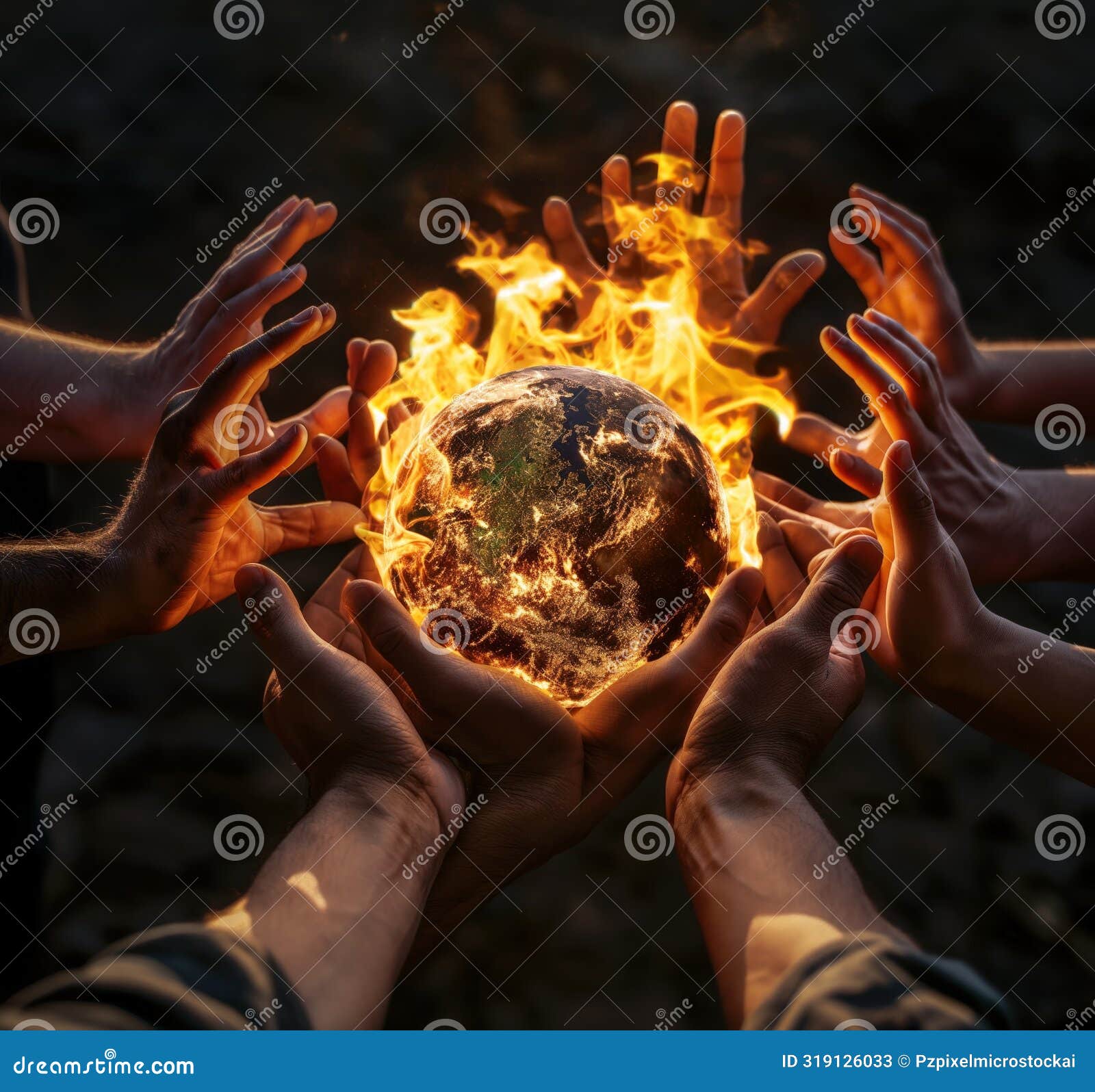 A Group of People Holding Hands Around a Globe that is on Fire ...