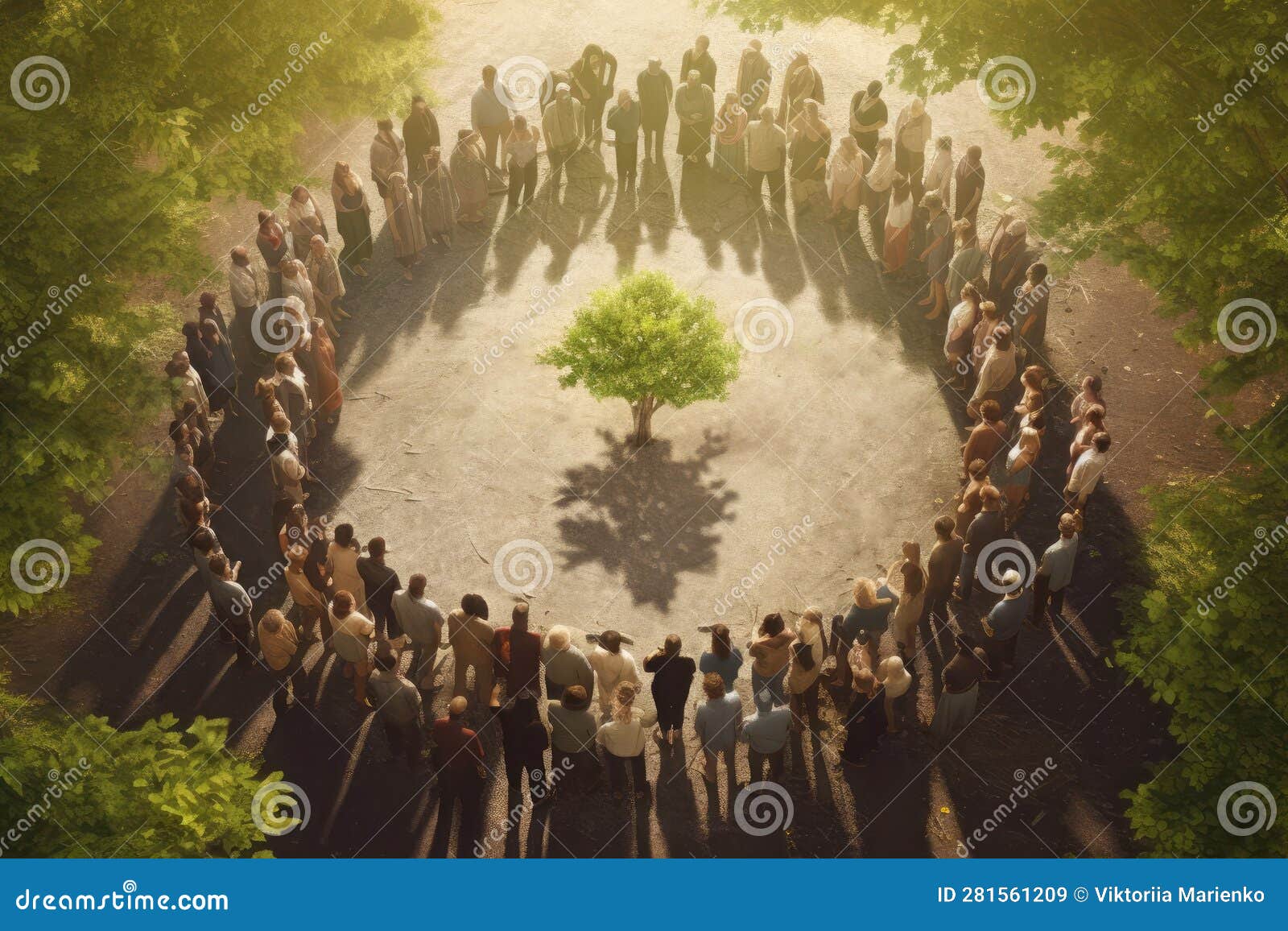 A Group of People, Holding Hands, Stand Around a Tree. Eco-propaganda ...