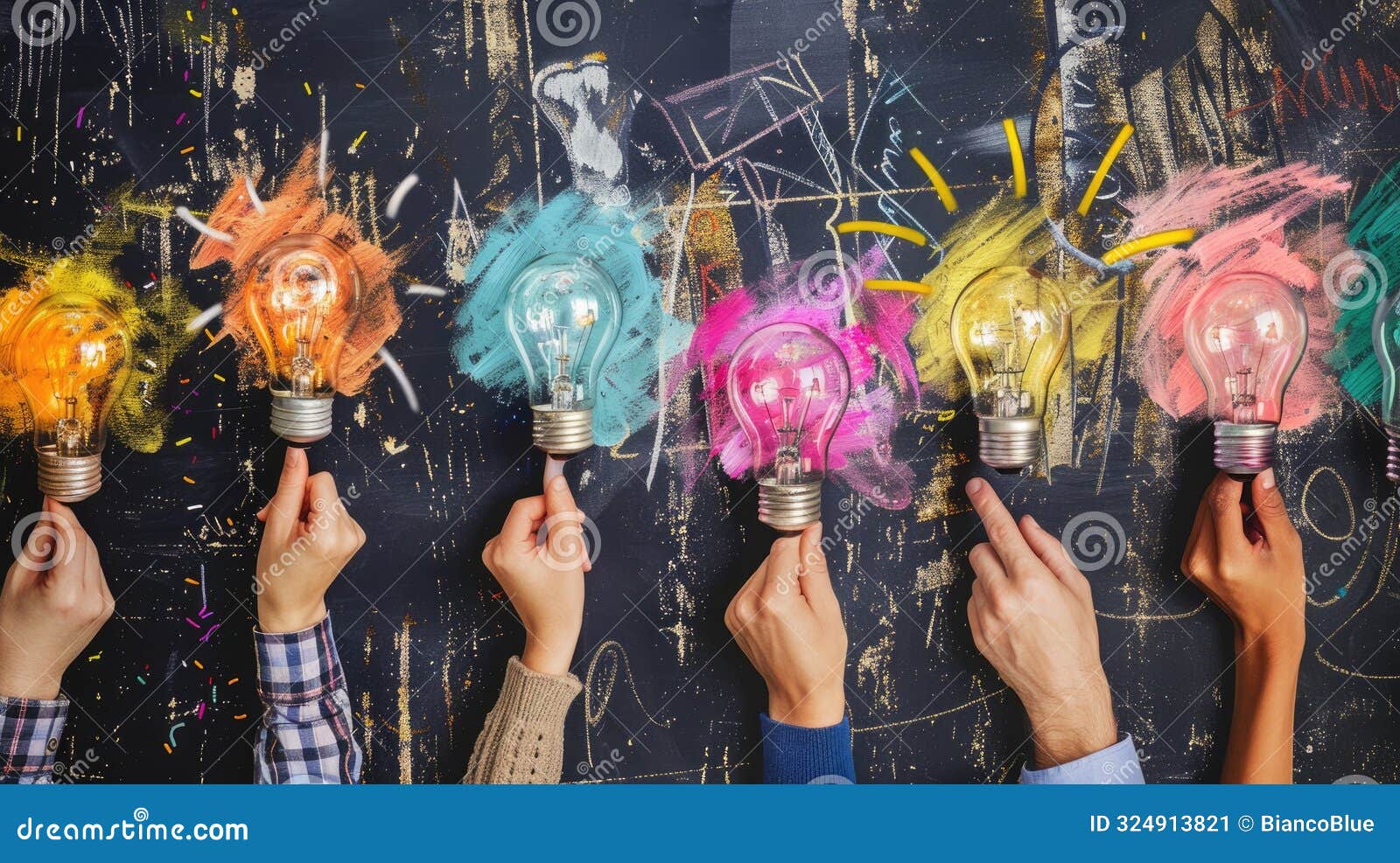 A Group of People Holding Up Light Bulbs of Different Colors the Light ...