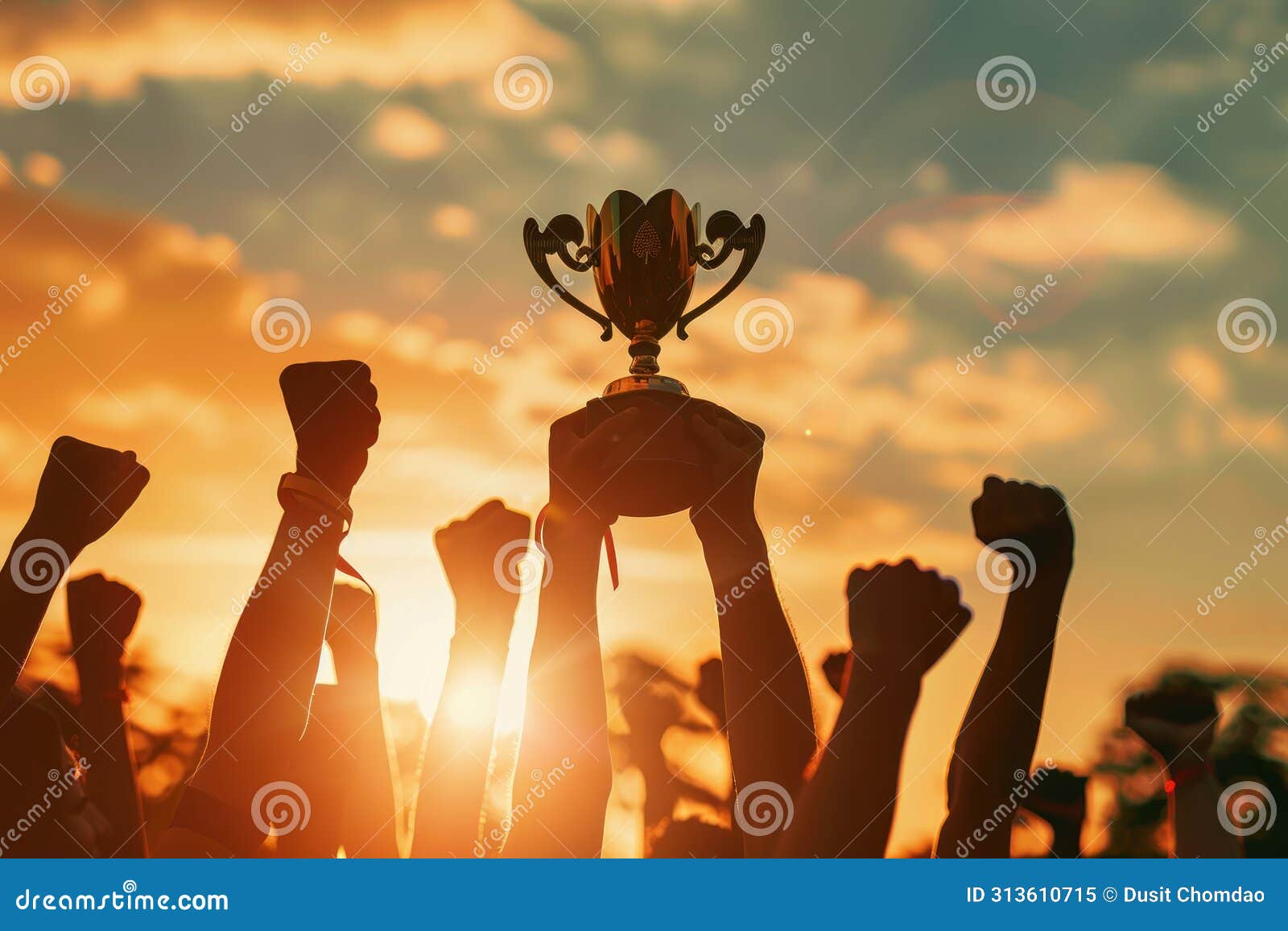 A Group of People are Holding Up a Trophy in the Air Stock Image ...