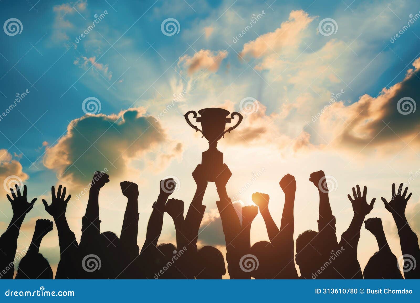 A Group of People are Holding Up a Trophy in the Air Stock Photo ...