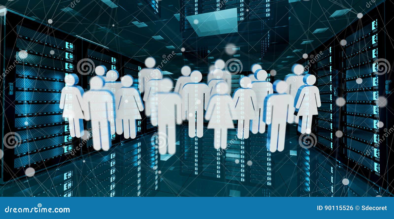 Group of People Icons Flying Over Server Room Data Center 3D Rendering ...