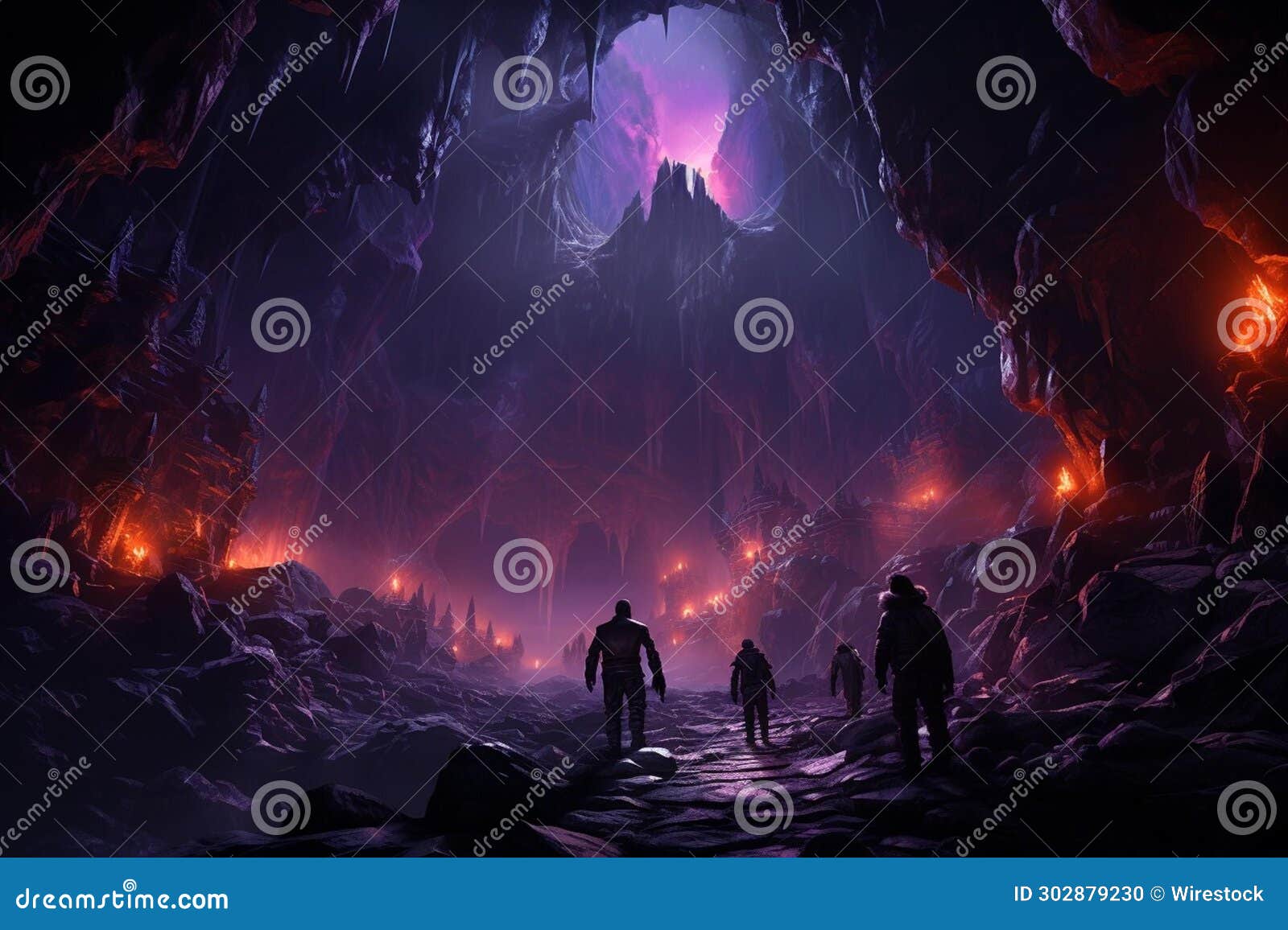 Group of People Illuminated by Flickering Torchlight Stand in a Cave at ...