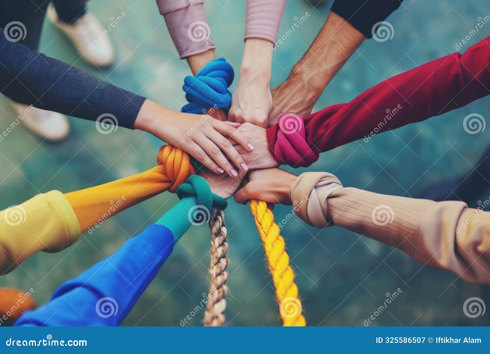 A Group of People Join Hands while Pulling on Brightly Colored Ropes ...