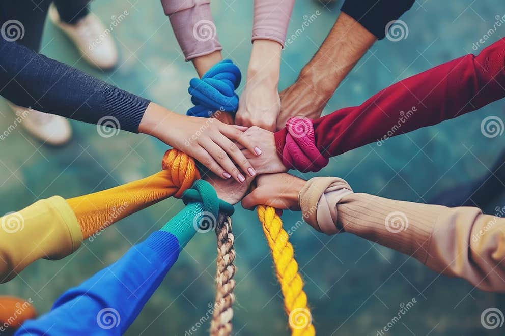 A Group of People Join Hands while Pulling on Brightly Colored Ropes, Signifying Collaboration ...