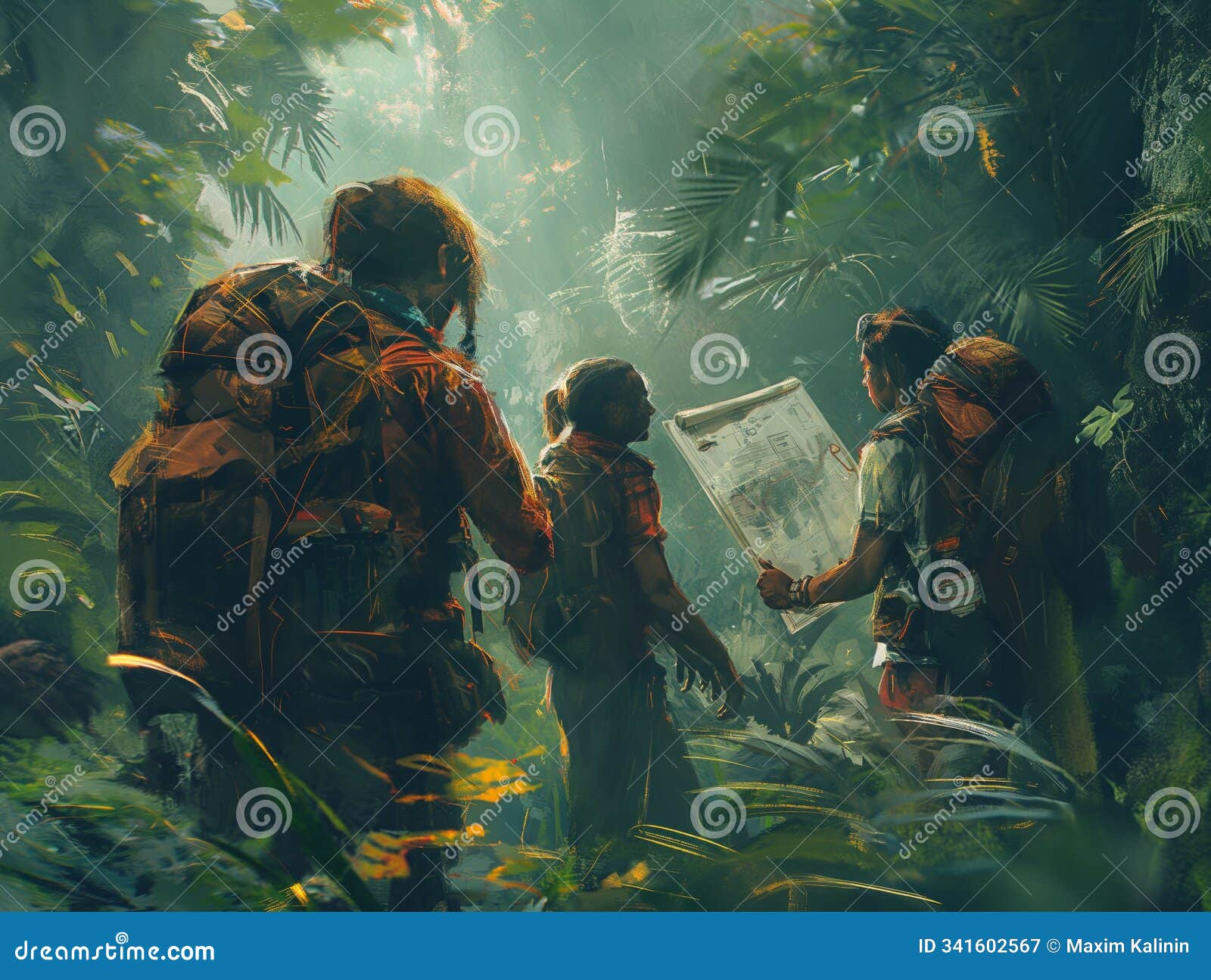 A Group of People are in a Jungle, Looking at a Map Stock Image - Image ...