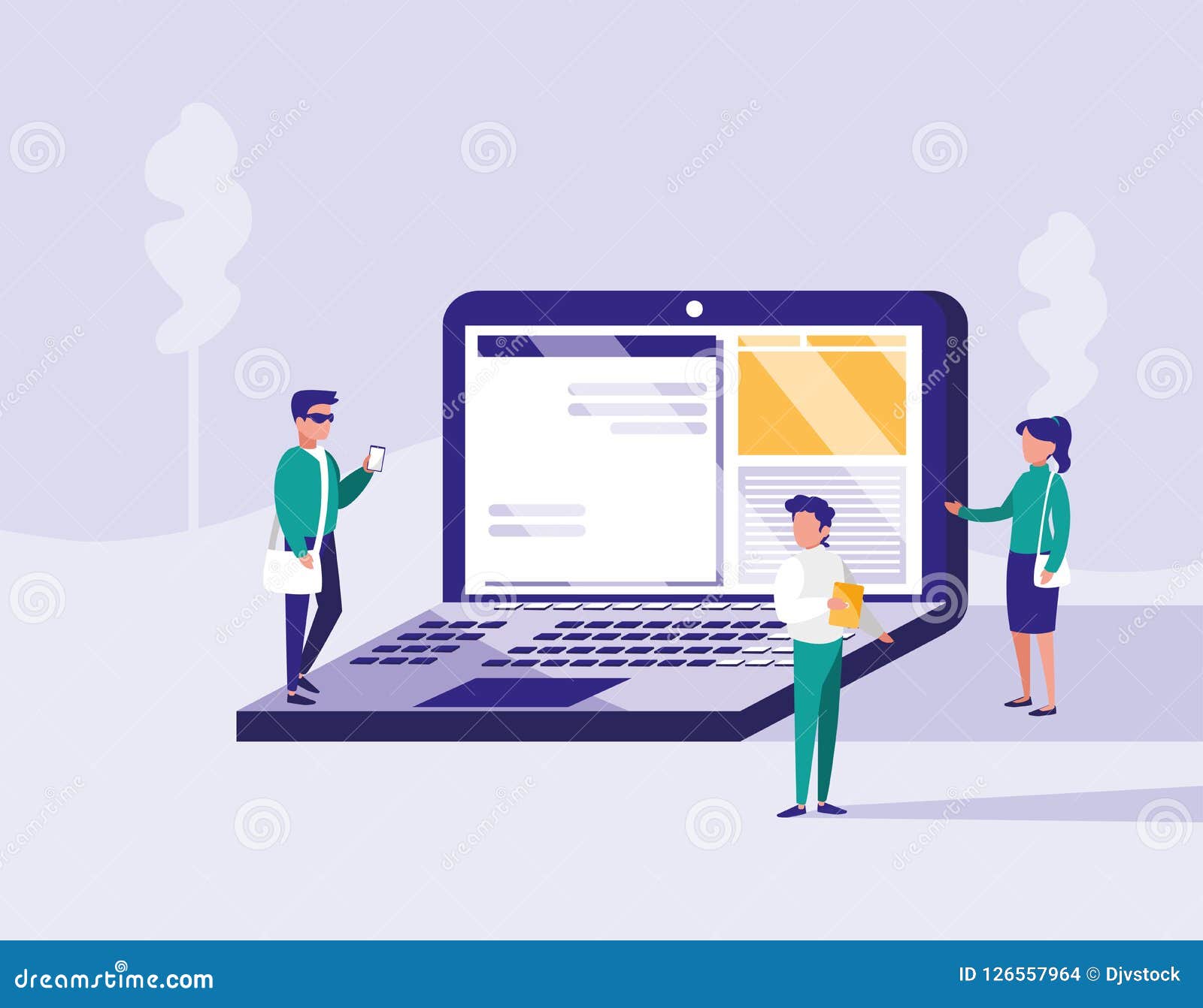 Group of People with Laptop Computer in Landscape Stock Vector ...