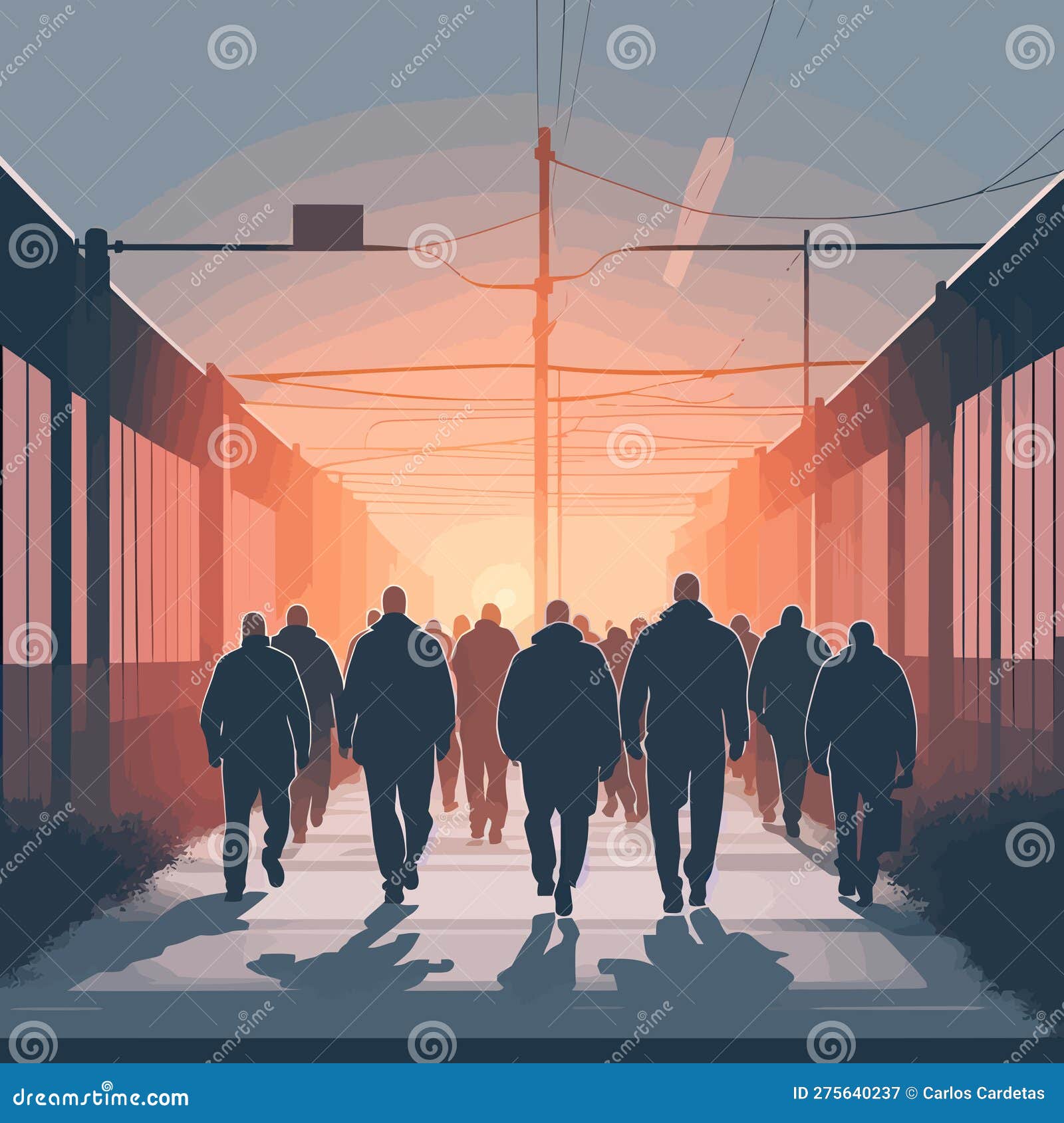 Group of People Leaving a Prison Stock Illustration - Illustration of ...
