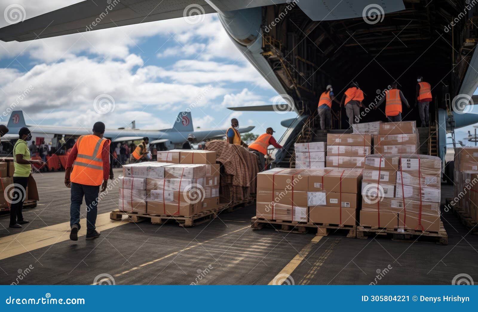 A Group of People Loading Boxes Onto a Plane Stock Illustration ...