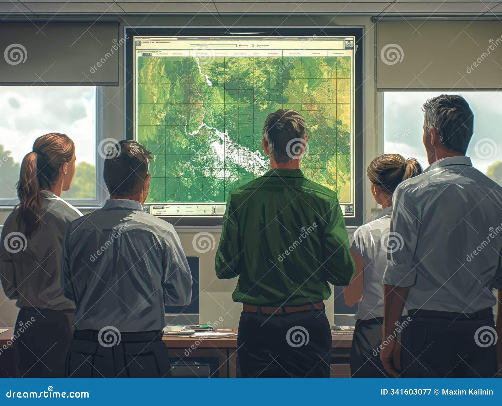 A Group of People are Looking at a Computer Screen with a Map on it ...