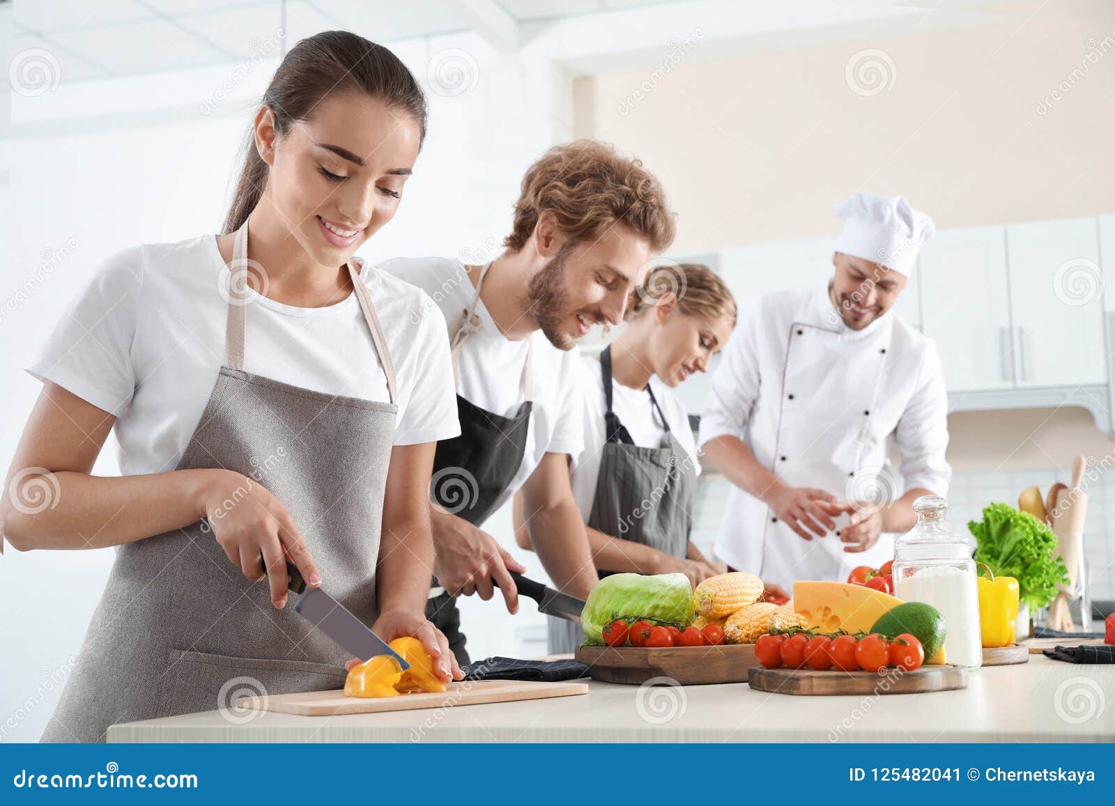 Group of People and Male Chef at Classes Stock Image - Image of hobby ...