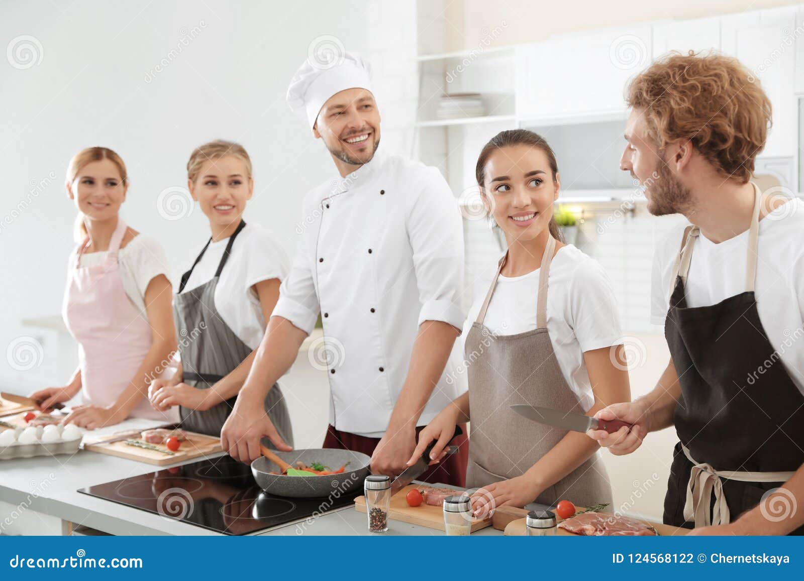 Group of People and Male Chef Stock Photo - Image of cuisine, products ...