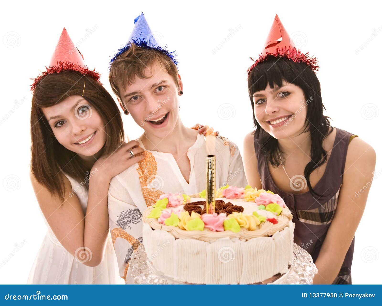 Group People in Party Hat with Cake. Stock Photo - Image of holiday ...