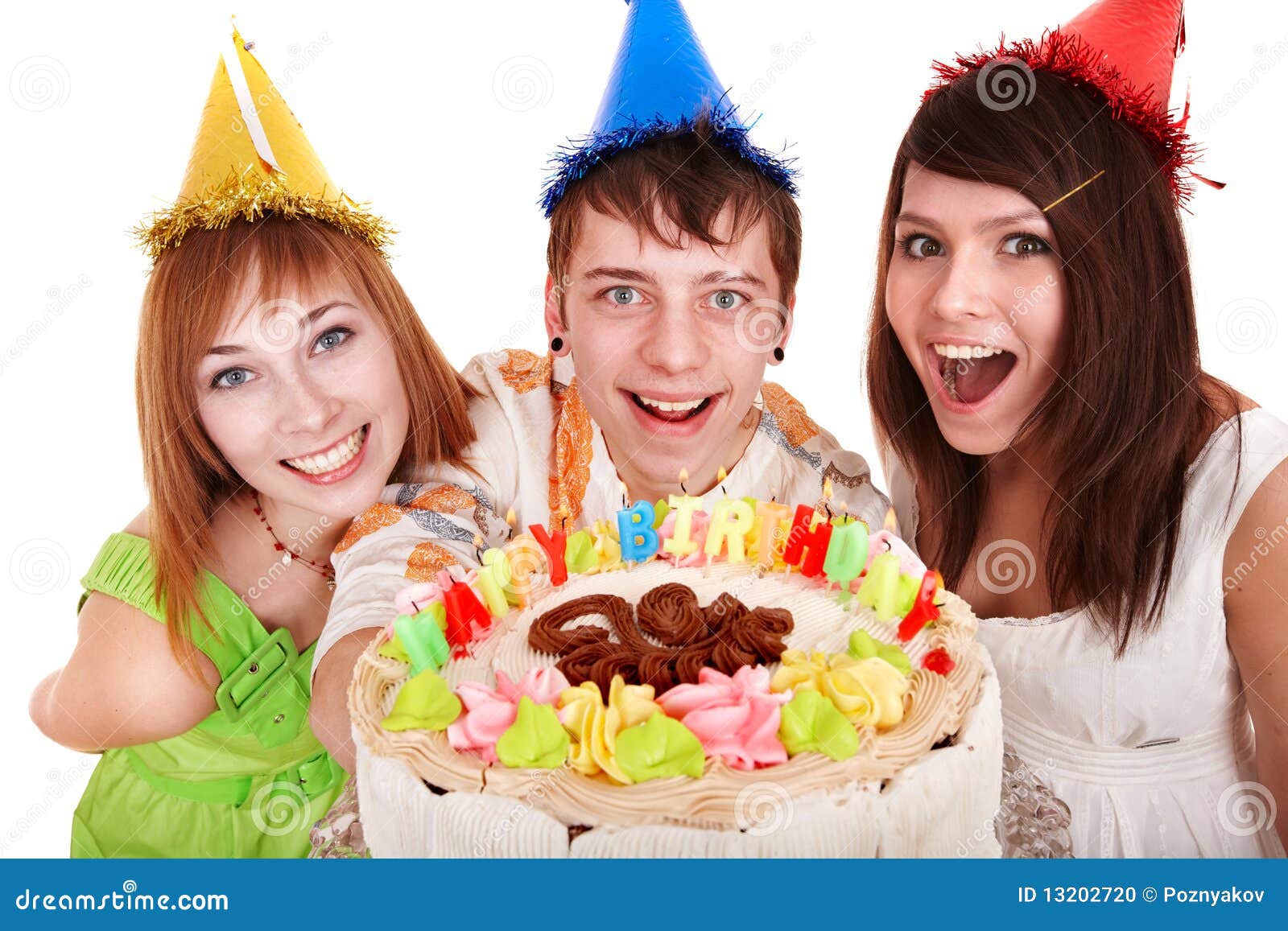 Group People in Party Hat with Happy Cake. Stock Photo - Image of ...