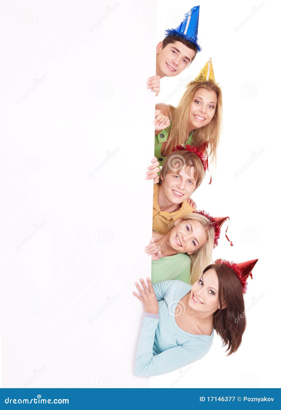 Group of People in Party Hat Holding Banner. Stock Image - Image of ...