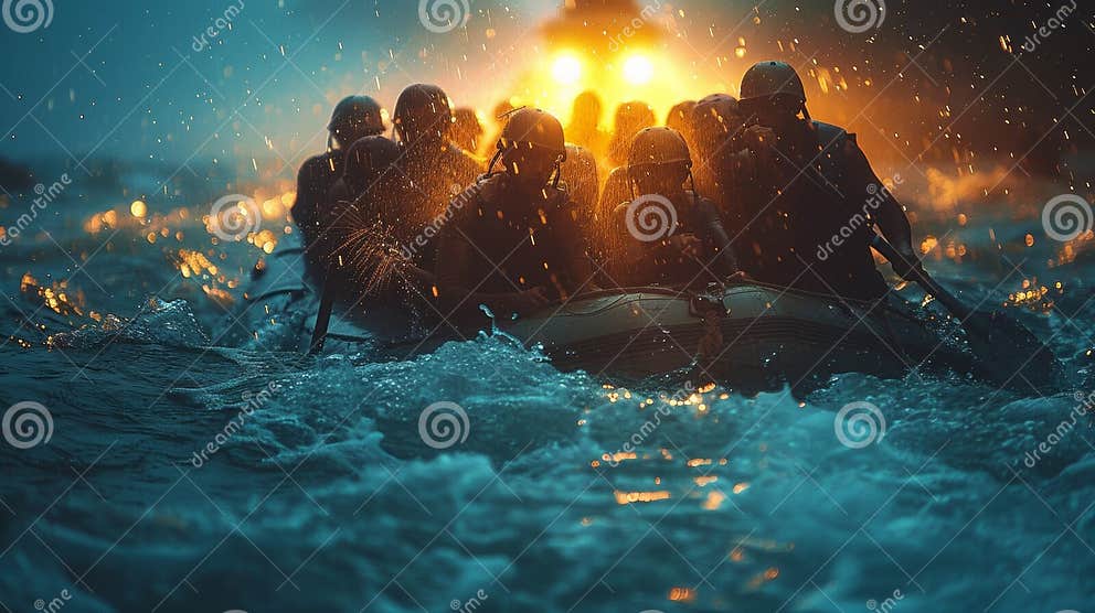 A Group of People in a Raft on the Water with Fire, AI Stock Image ...