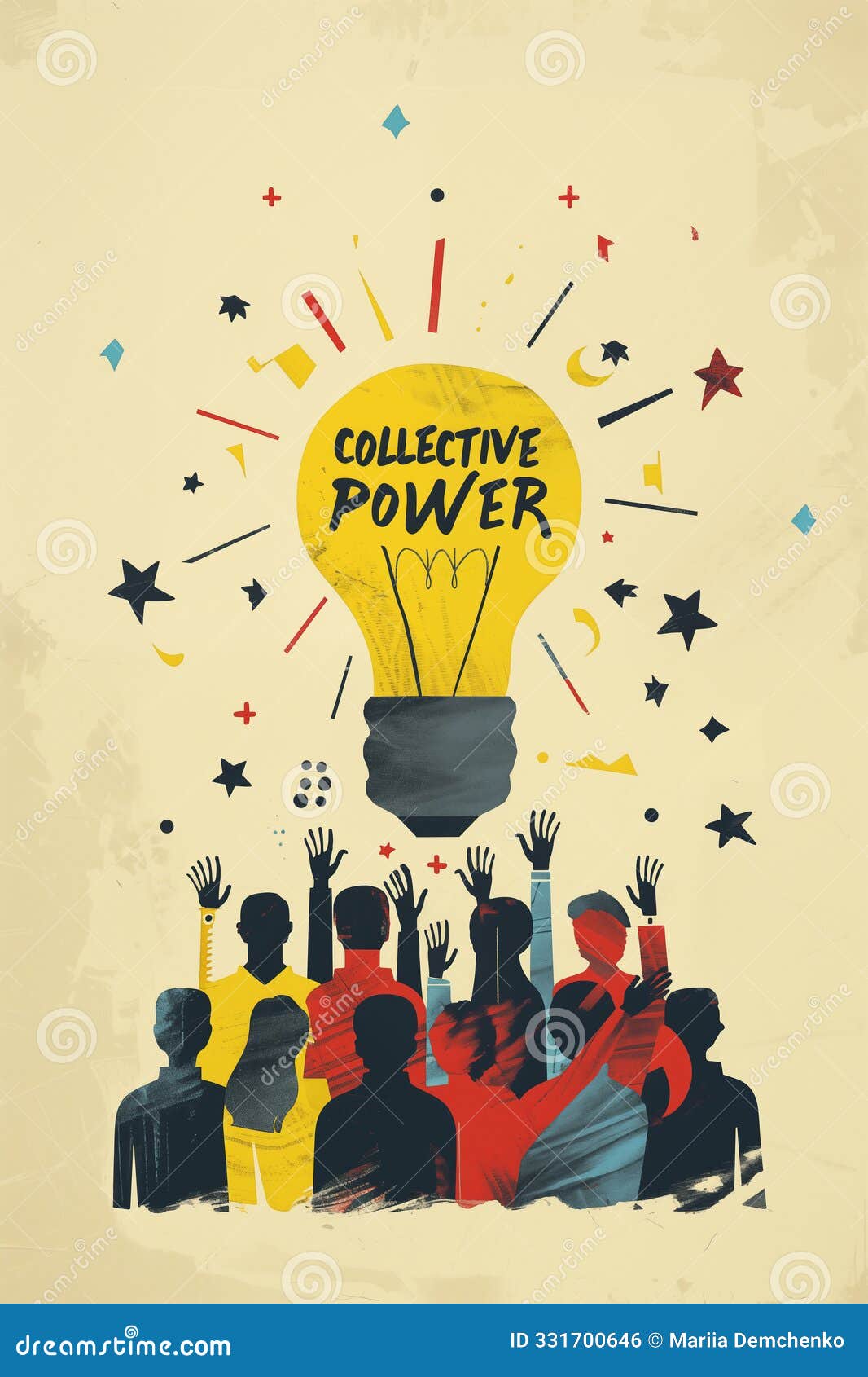 Group of People Raising Hands Under Light Bulb with Words Collective ...