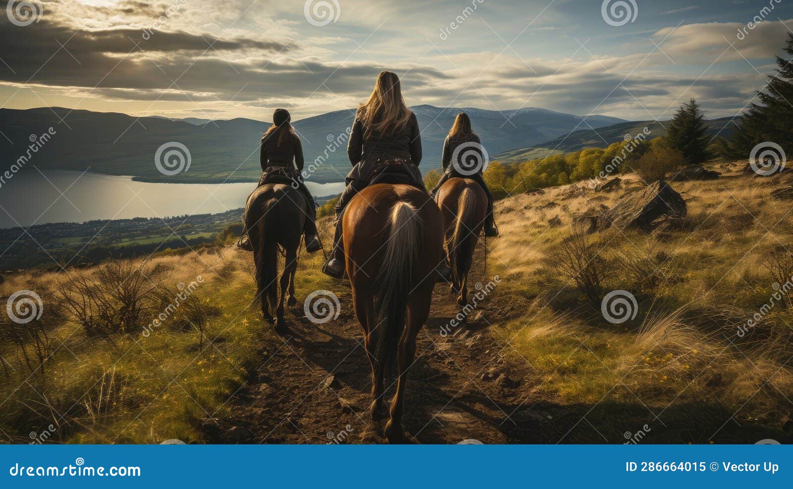Group of People Riding a Horse Back View. Generative AI. Stock ...