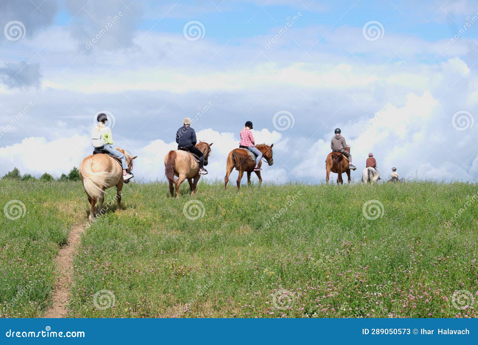 A Group of People Riding Horses in a Rural Meadow Stock Image - Image ...