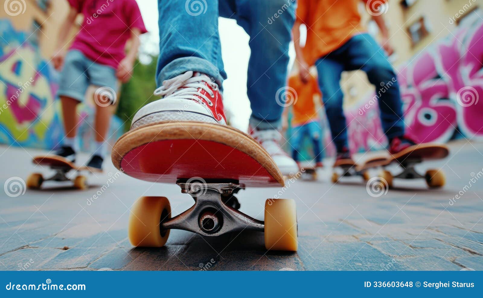 A Group of People Riding Skateboards Down a Street with Graffiti on it ...