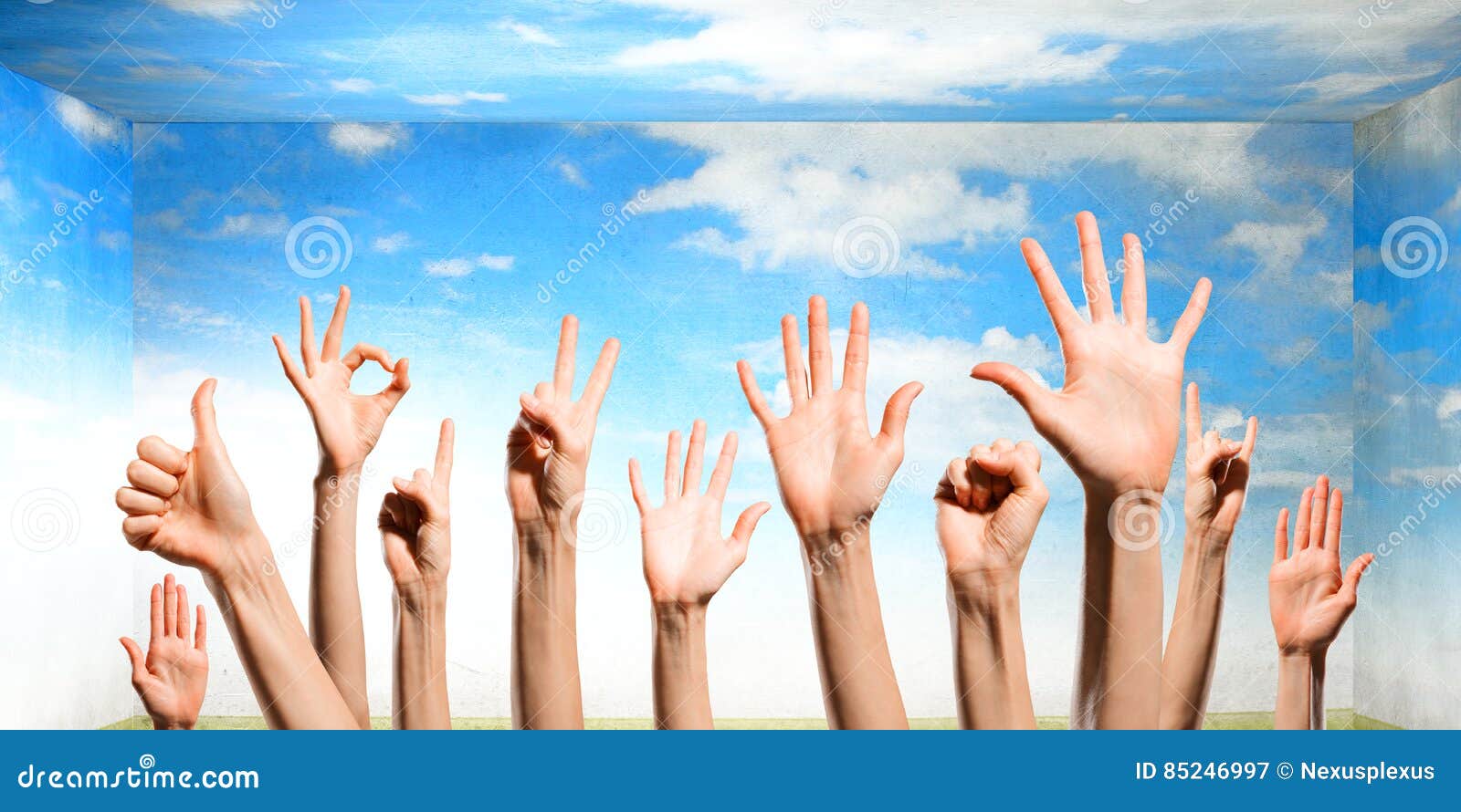 Group of People Rise Hands . Mixed Media Stock Image - Image of rise ...