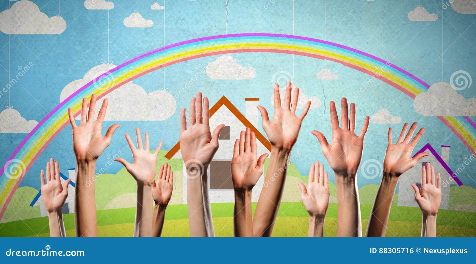 Group of People Rise Hands . Mixed Media Stock Illustration ...