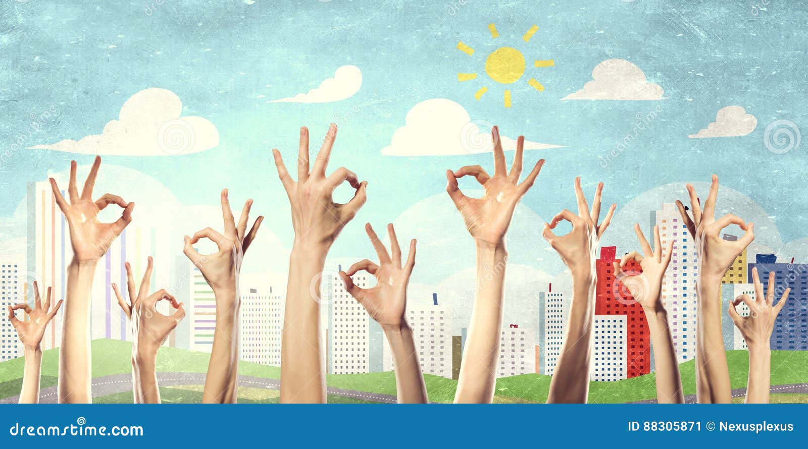 Group of People Rise Hands . Mixed Media Stock Illustration ...