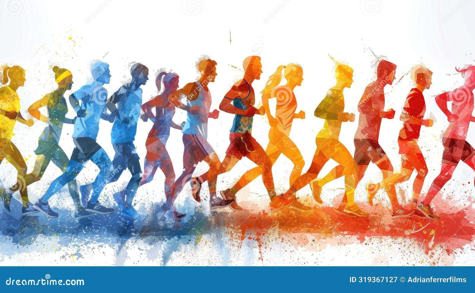A Group of People Running in a Line with a Splash of Color Stock Image ...