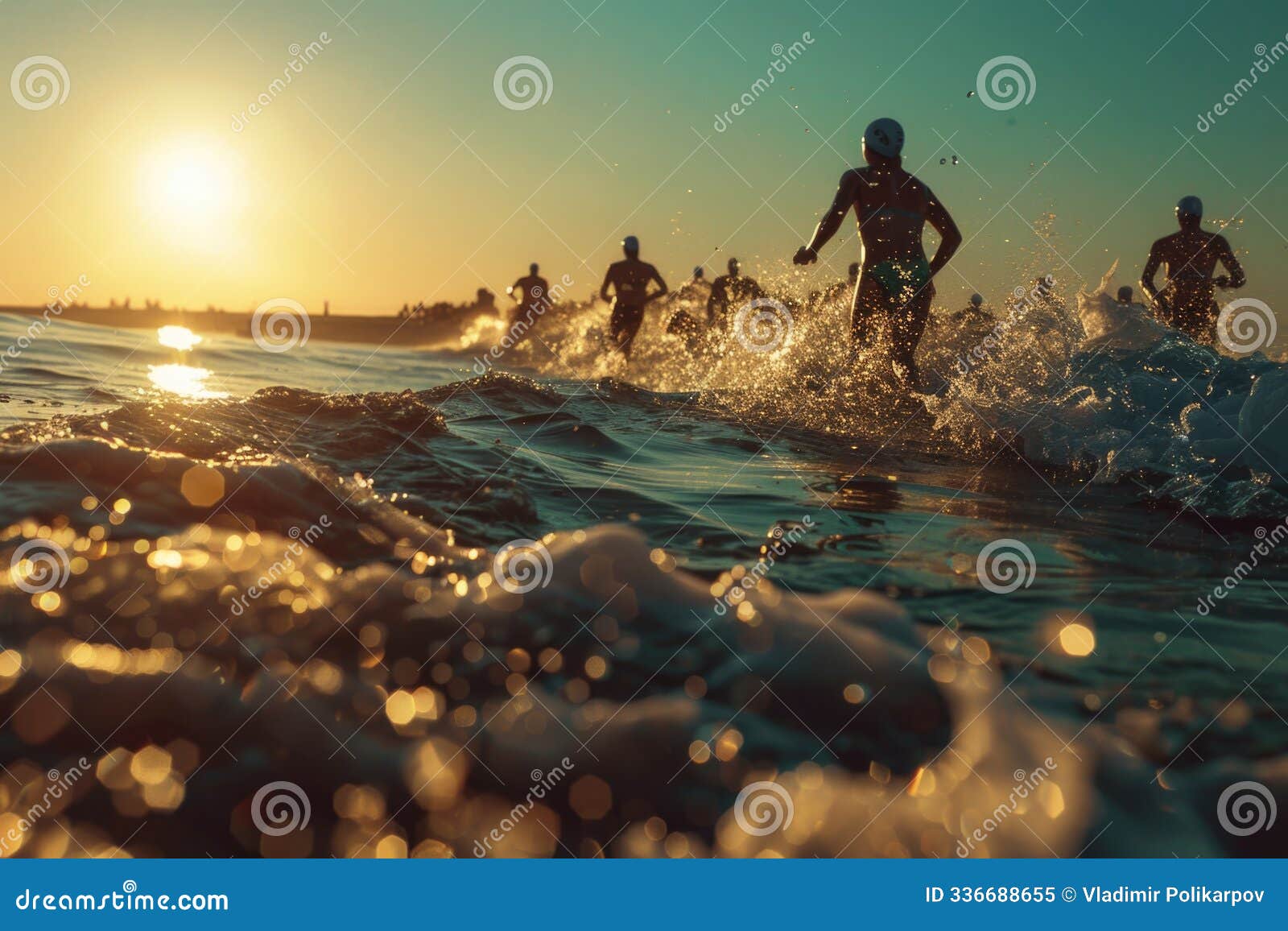 A Group of People Running into the Ocean at Sunset, Great for Beach or ...