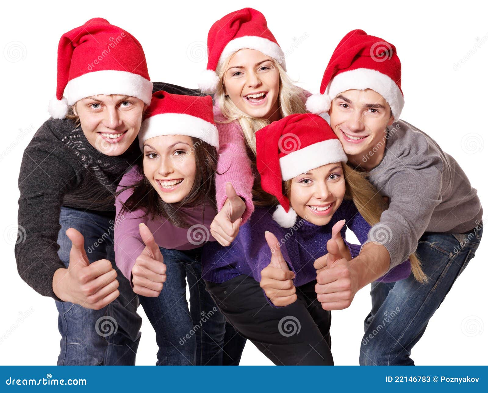 Group People in Santa Hat Show Thumbs Up. Stock Image - Image of season ...