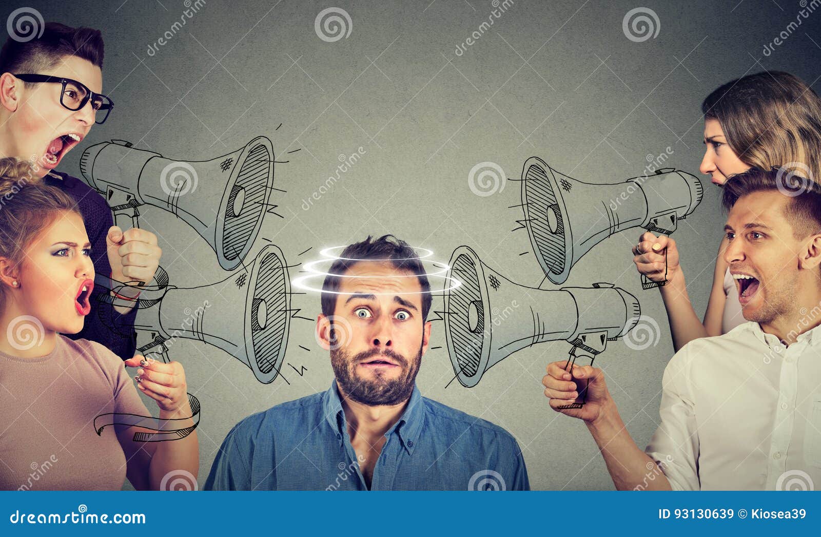 Group of People Screaming in Megaphones at Scared Guy Stock Image ...