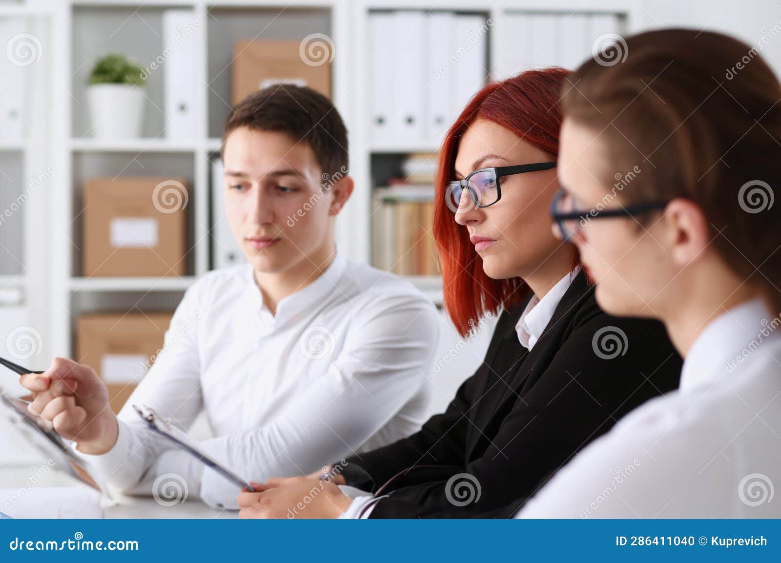 Group People Sit in Office Deliberate on Problem Stock Photo - Image of ...