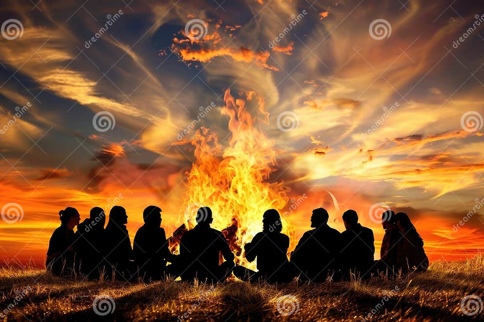 Group of People Sitting Around Bonfire at Sunset Under Dramatic Sky ...