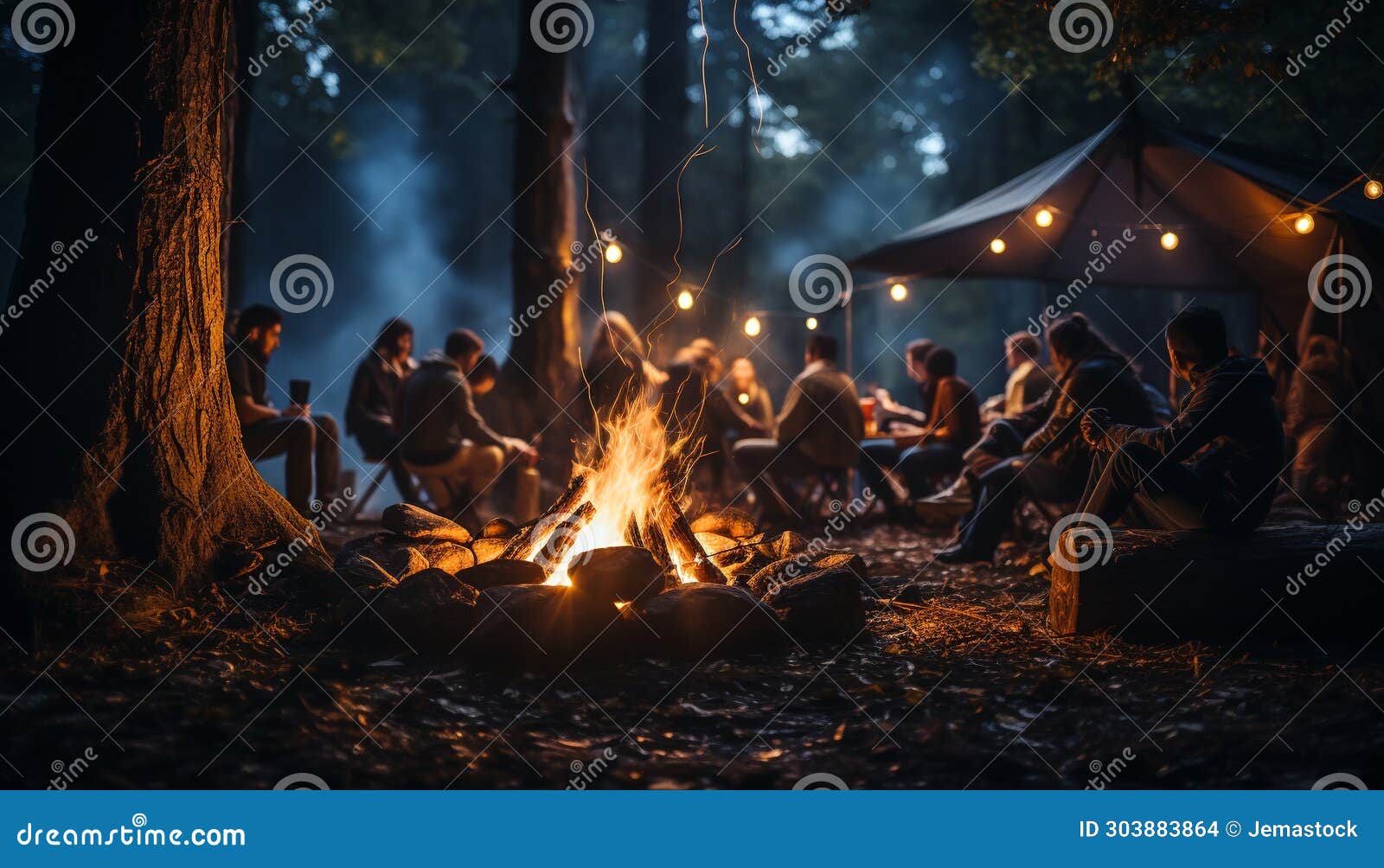 Group of People Sitting Around a Campfire, Enjoying Nature Warmth ...