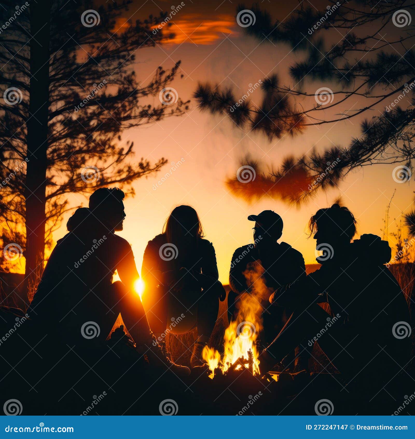Group of People Sitting Around Campfire at Sunset. Generative AI Stock ...