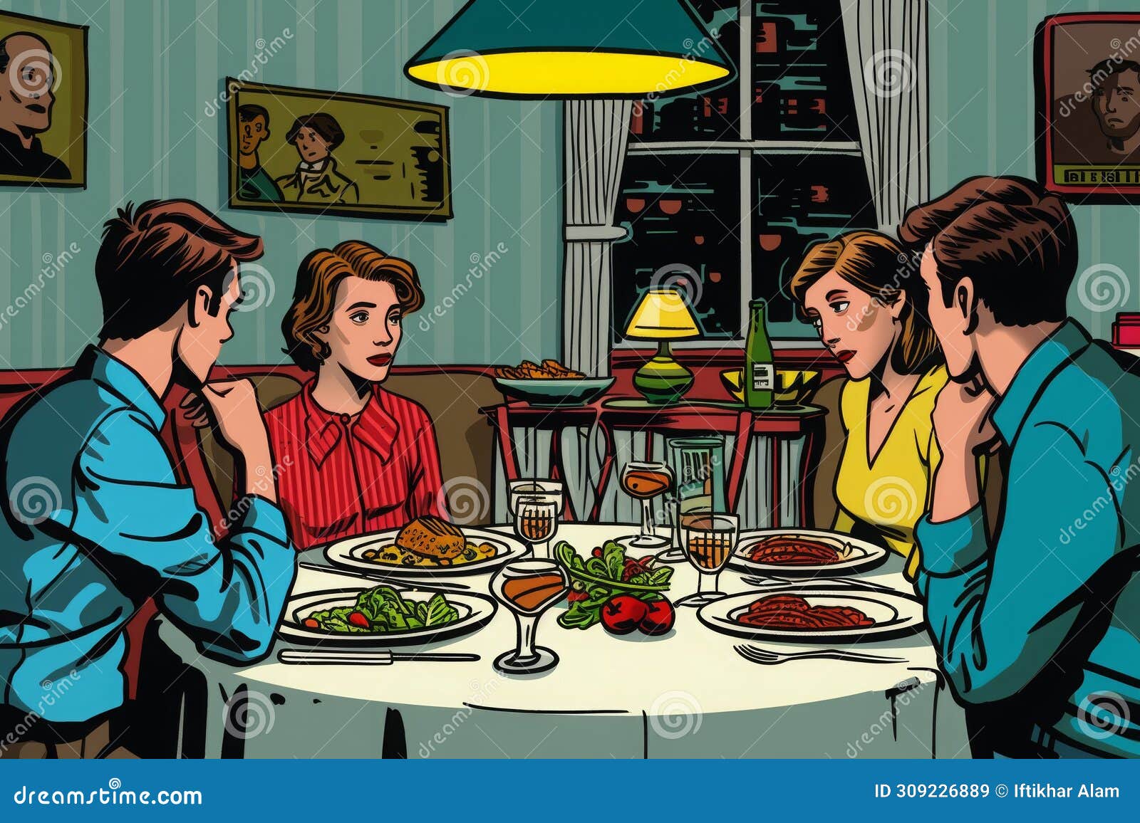 Group of People Sitting Around a Dinner Table, a Dramatized Comic Strip ...