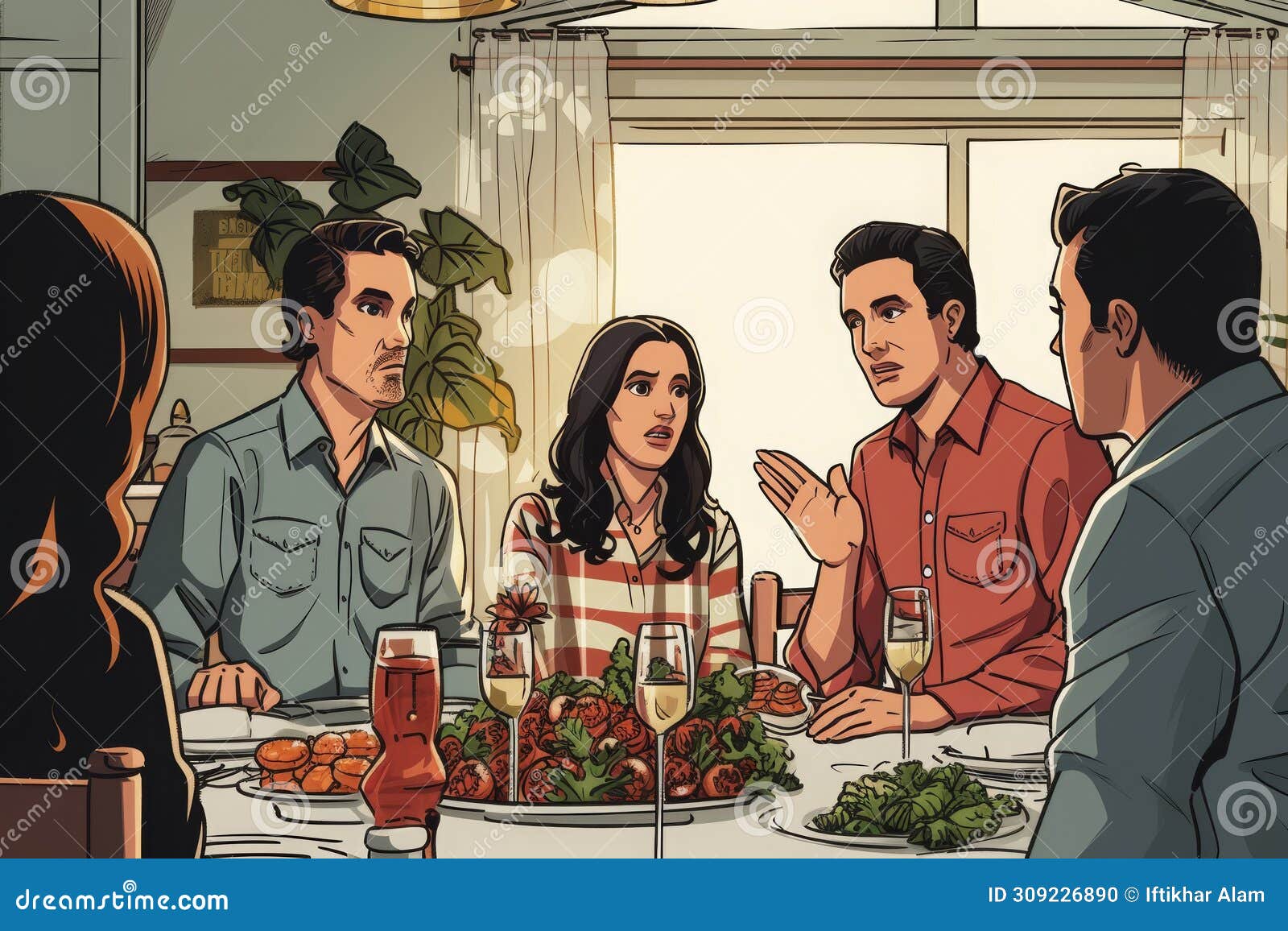 Group of People Sitting Around a Dinner Table, a Dramatized Comic Strip ...