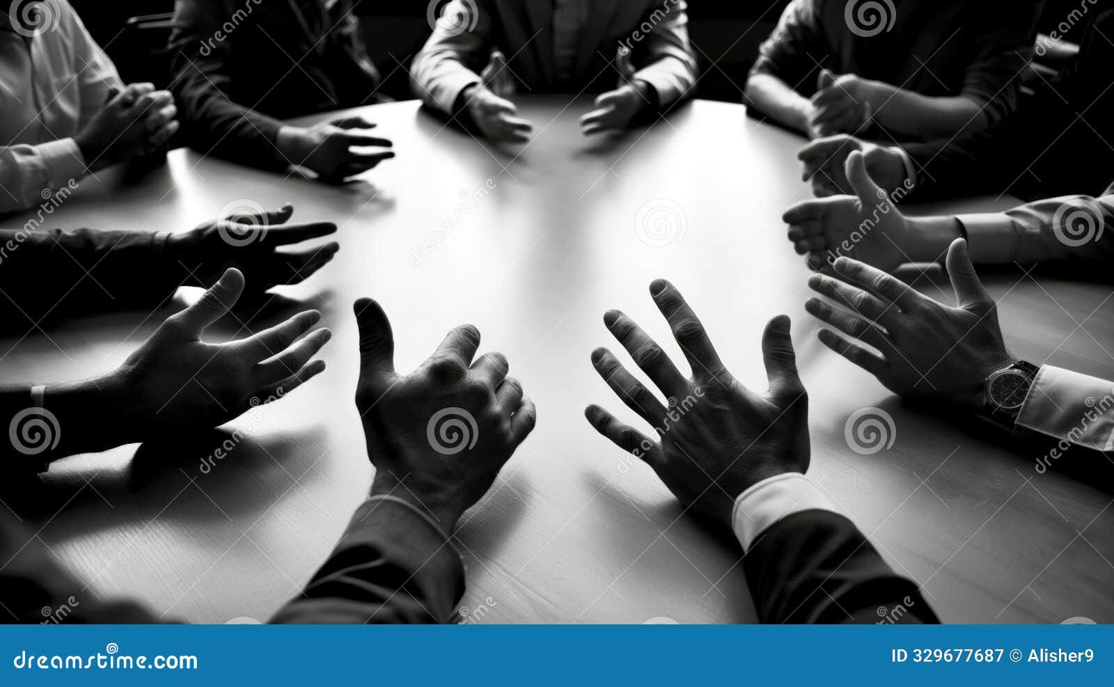 Group of People Sitting Around Table Their Hands Raised in Discussion ...