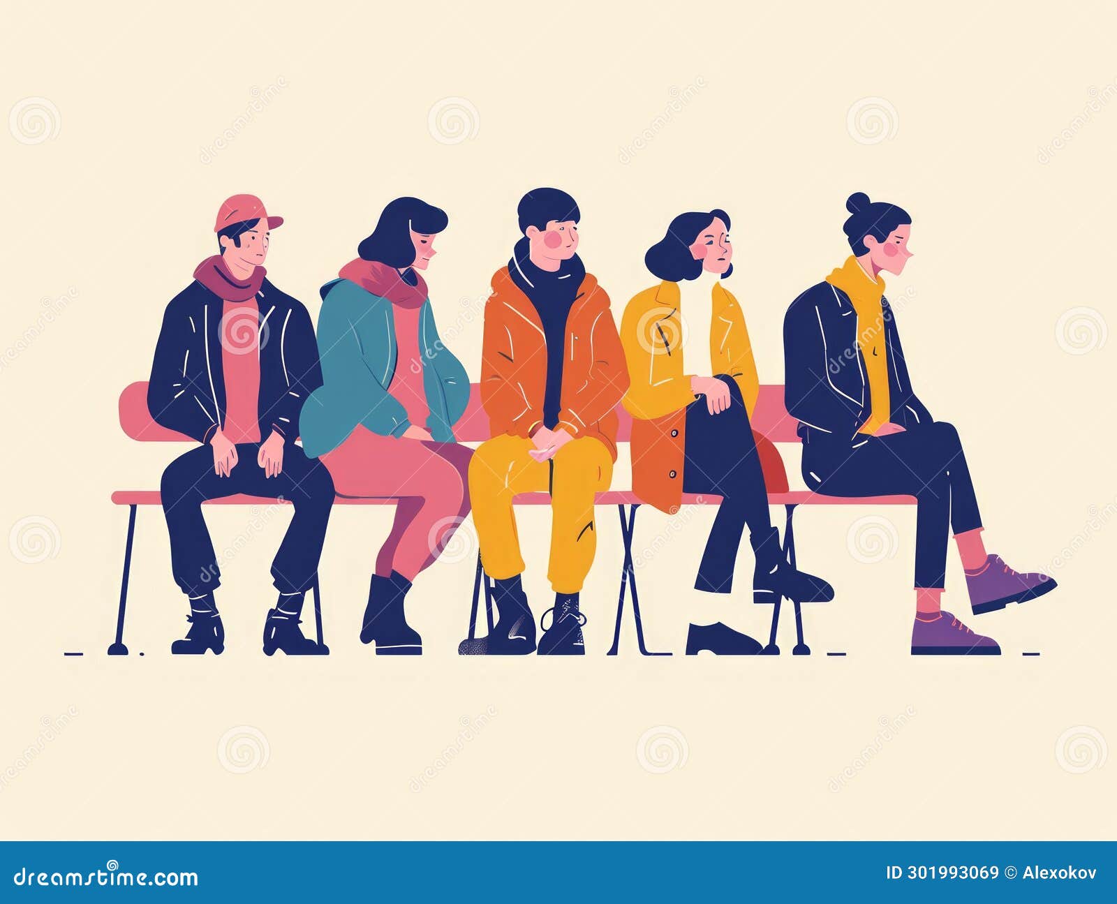 Group of People Sitting on a Bench. Illustration in Flat Style Stock ...