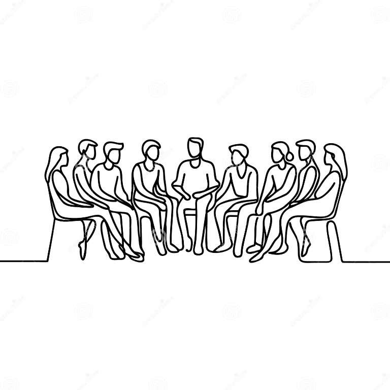 Group Of People Sitting In A Circle For A Discussion Or Meeting Drawn By One Line Vector