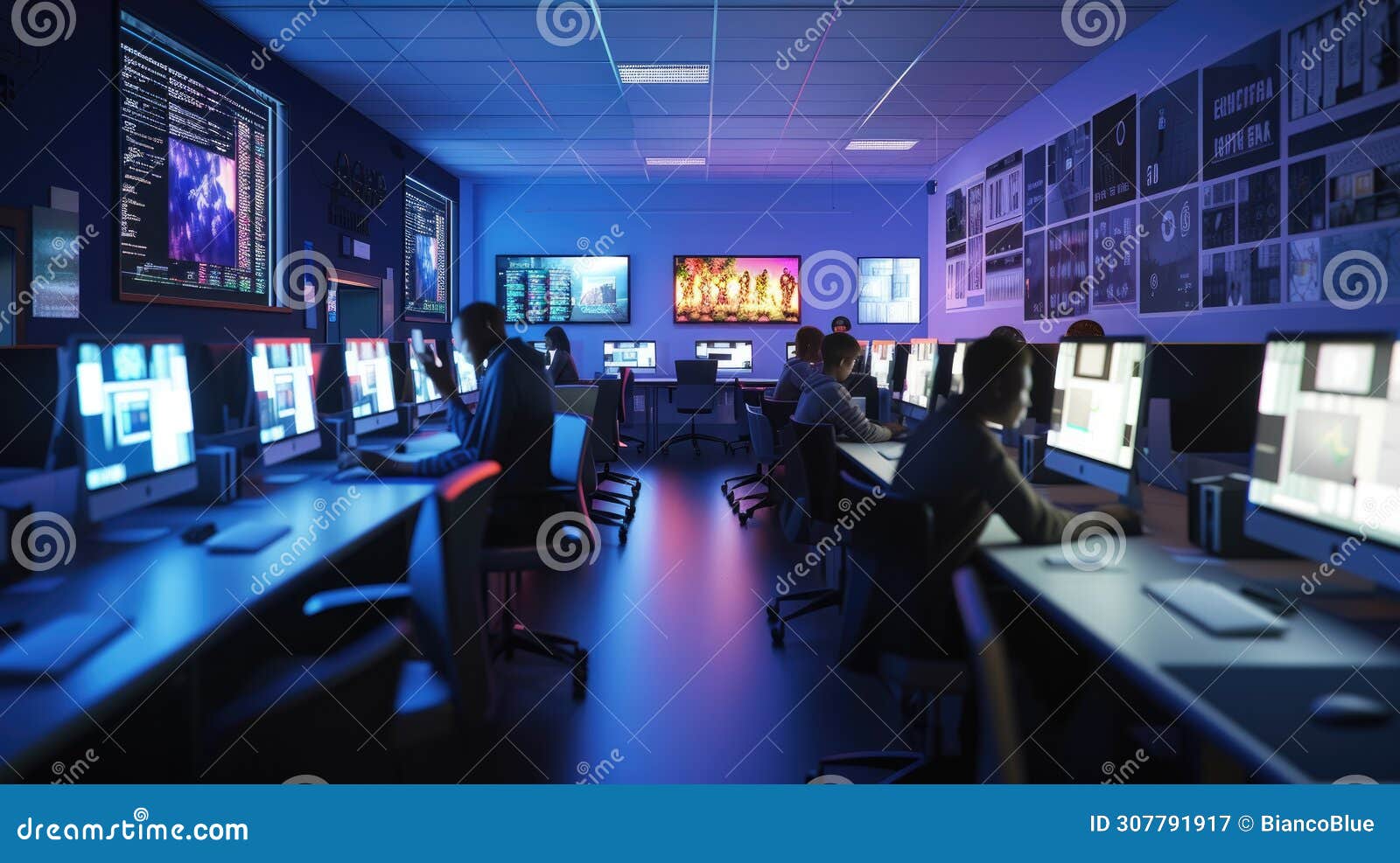 A Group of People are Sitting in Front of Computer Monitors in a ...