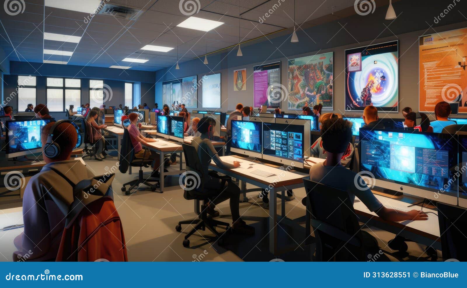 A Group of People are Sitting in Front of Computer Monitors in a ...