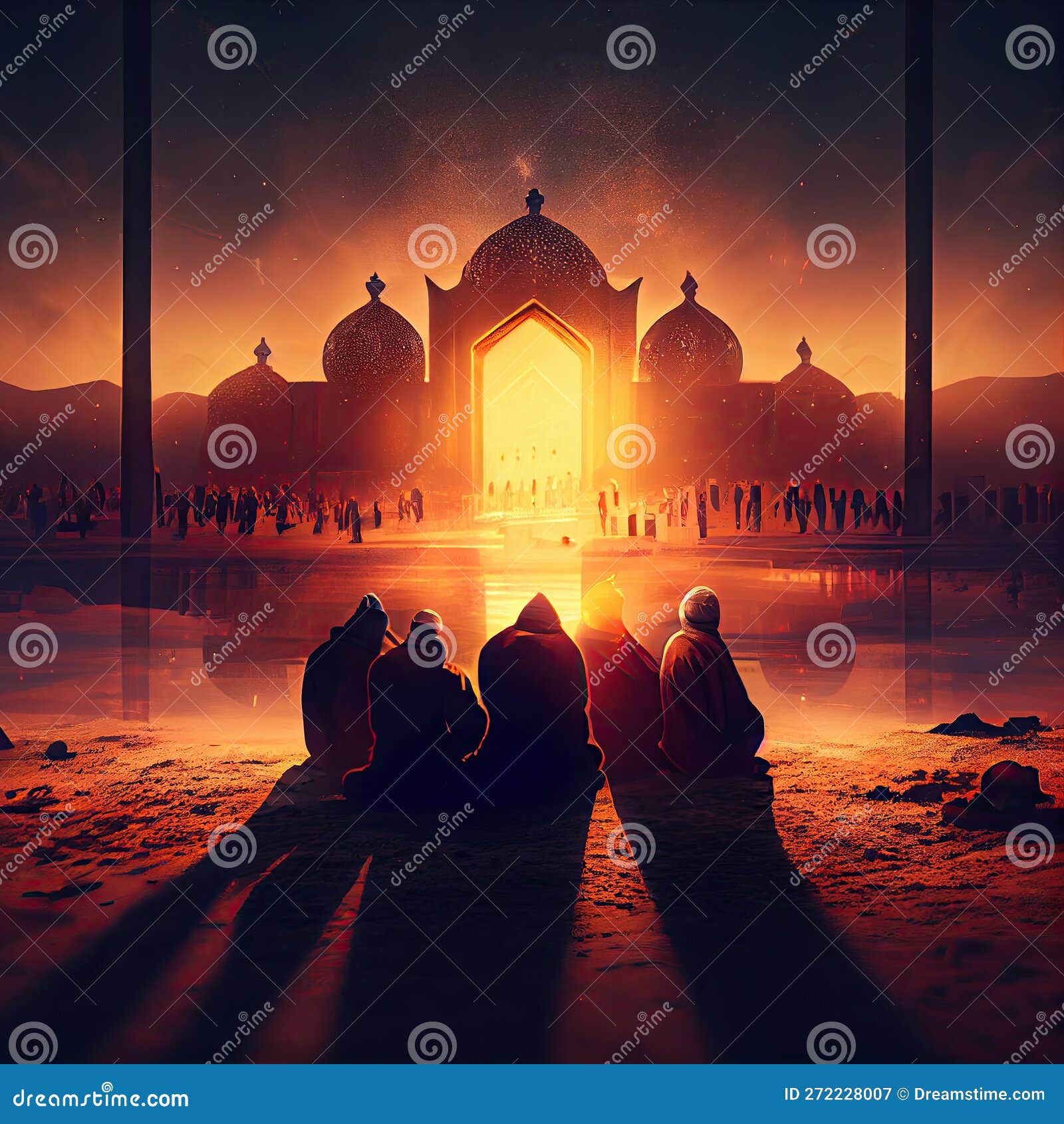 A Group of People Sitting in Front of a Mosque Stock Illustration ...