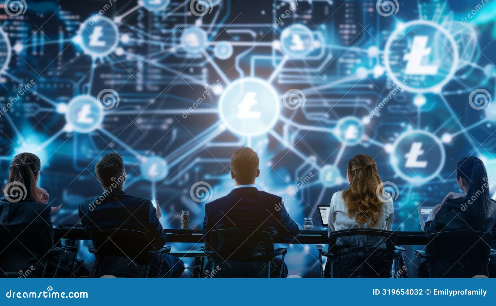 Group of People Sitting at a Table with Computer Screen Stock ...