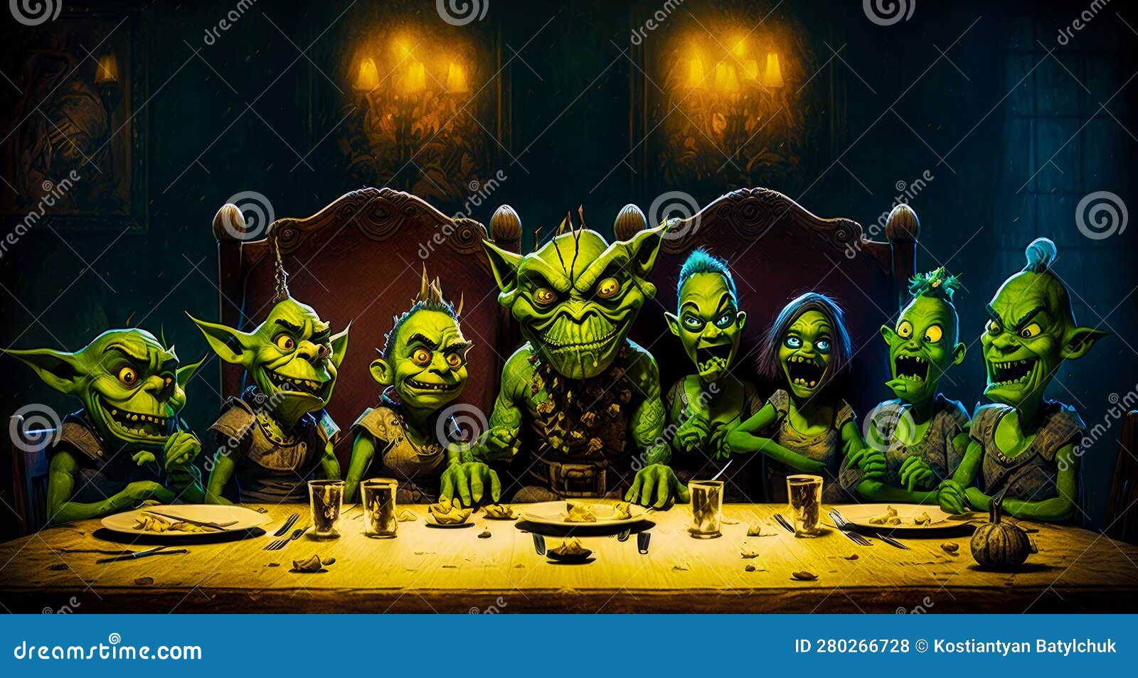 Group of People Sitting at Table with Three Green Trolls on it ...