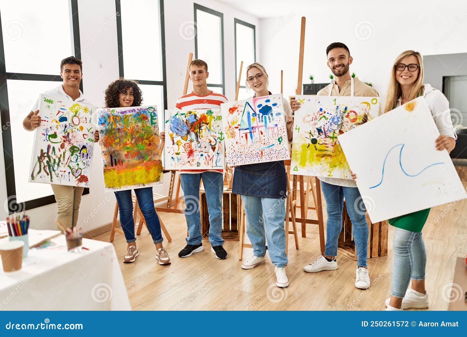 Group of People Smiling Happy Canvas with Draw Standing at Art Studio ...