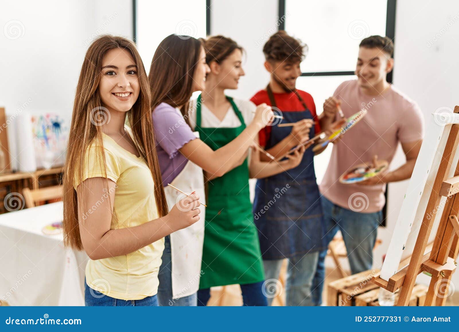 Group of People Smiling Happy Drawing on Canvas Standing at Art Studio ...