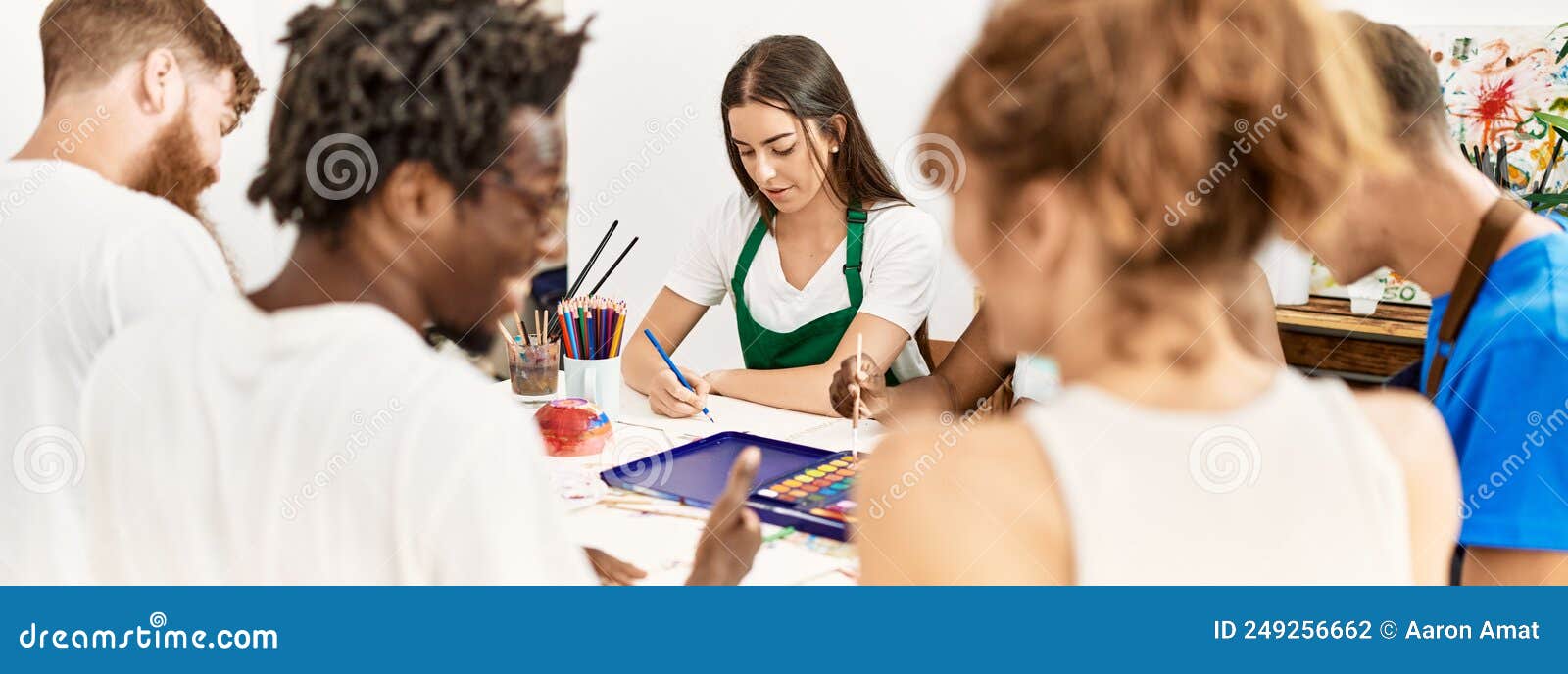 Group of People Smiling Happy Drawing Sitting on the Table at Art ...