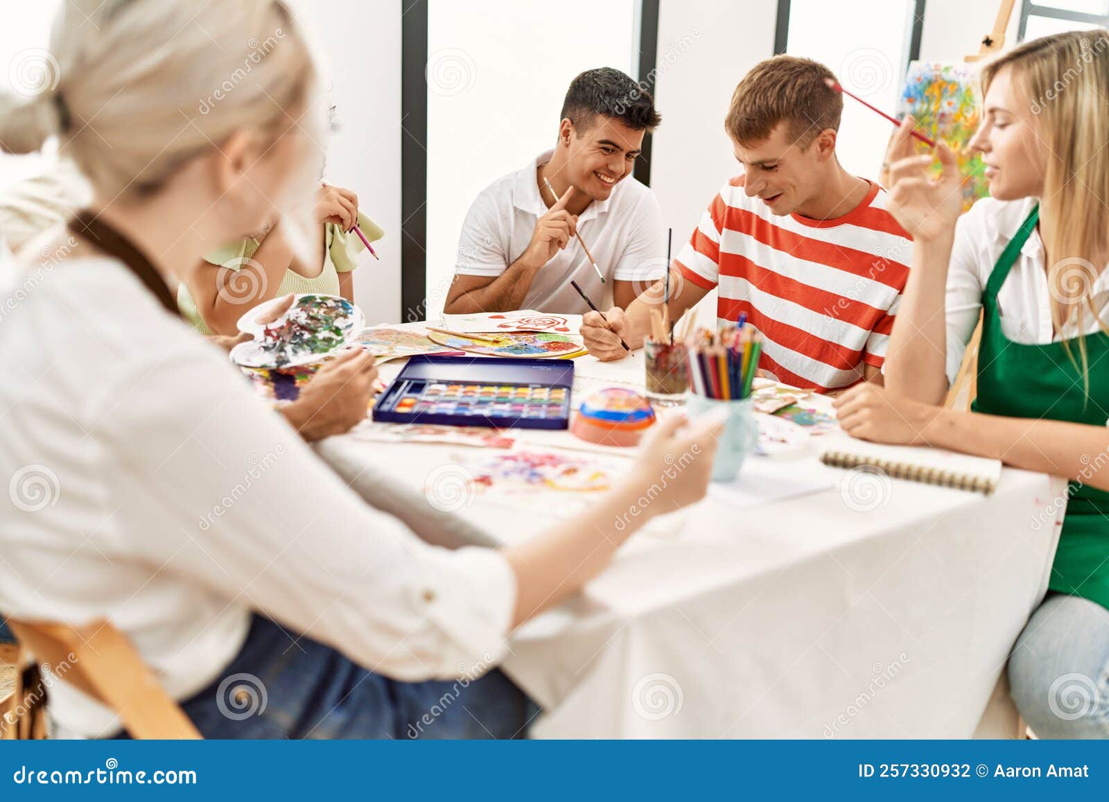 Group of People Smiling Happy Drawing Sitting on the Table at Art ...