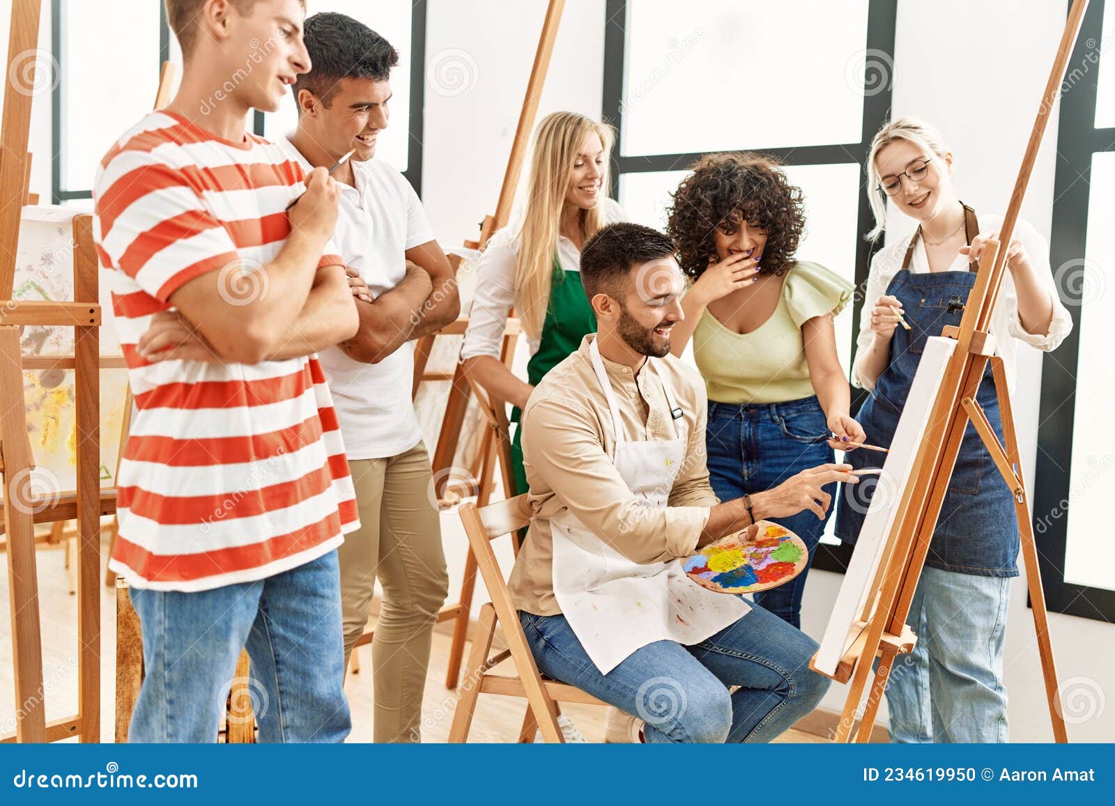 Group of People Smiling Happy and Looking Draw of Partner at Art Studio ...